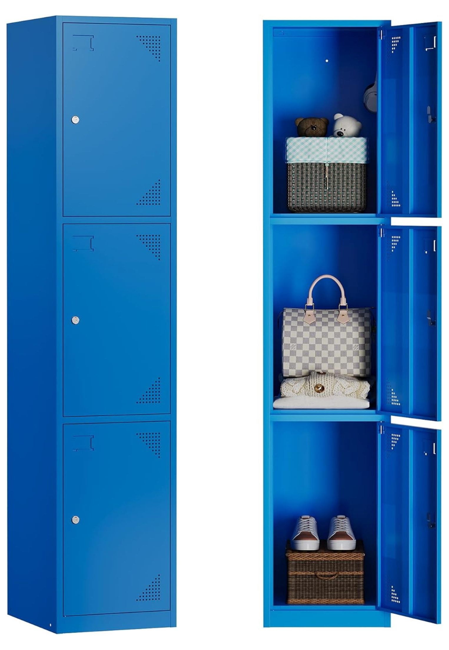 71" Metal Locker Blue Steel Storage Cabinet with 3 Doors for Office ...