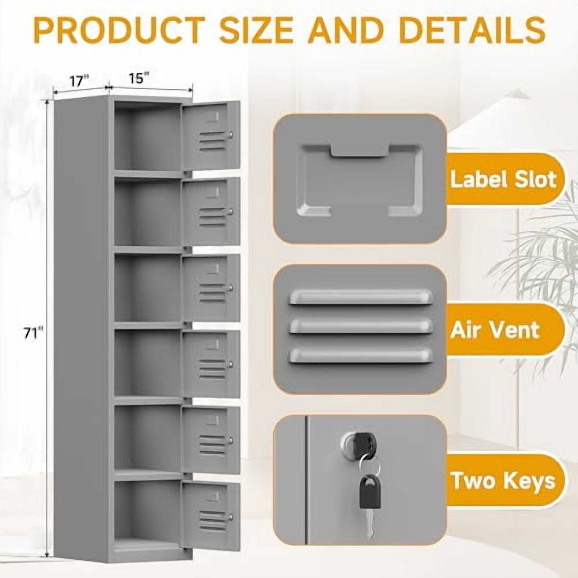 71'' Metal Locker with Keys for School,Gym,Steel Office Storage Locker ...