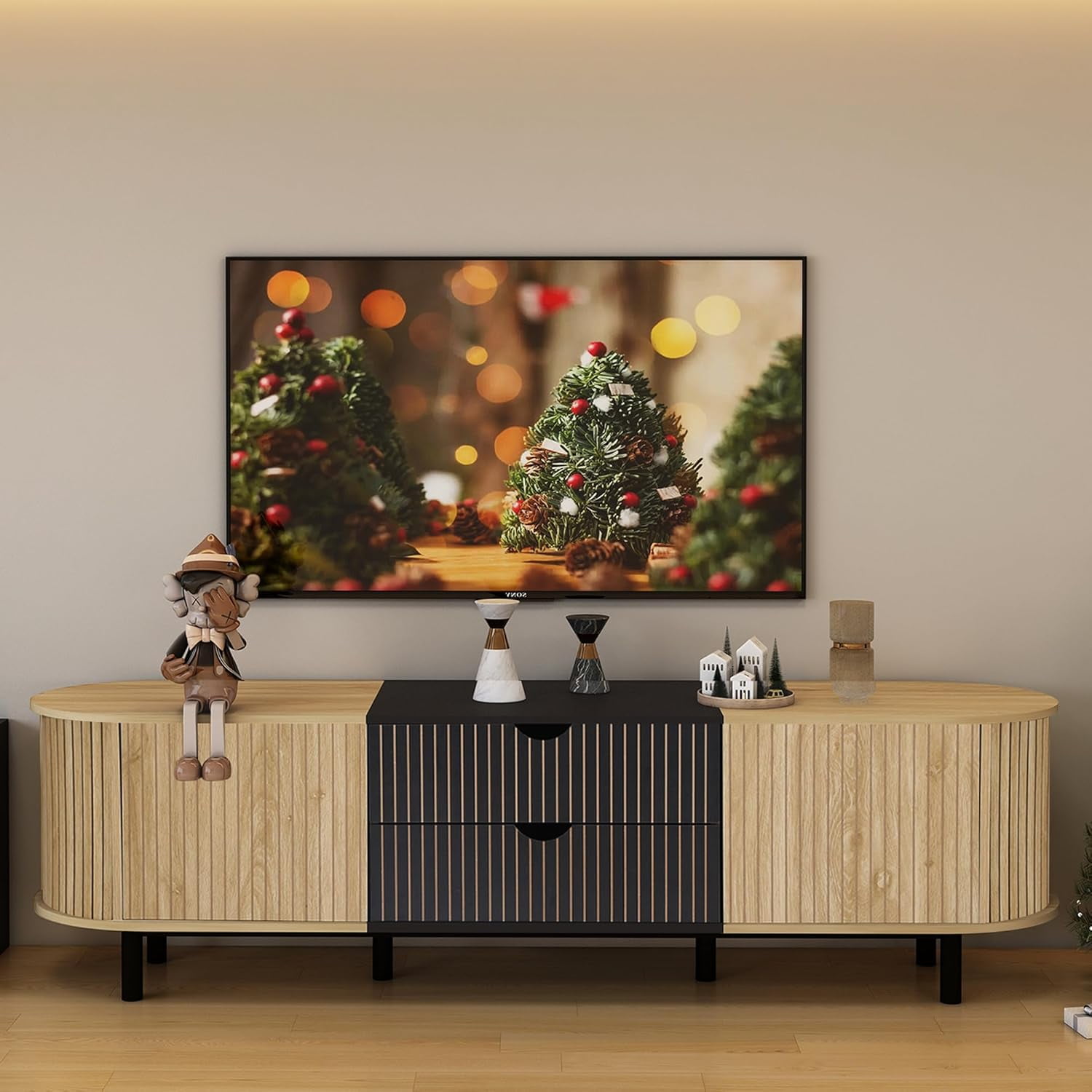 71" Mid Century Modern TV Stand with Storage Drawer, Extra Long Curved ...