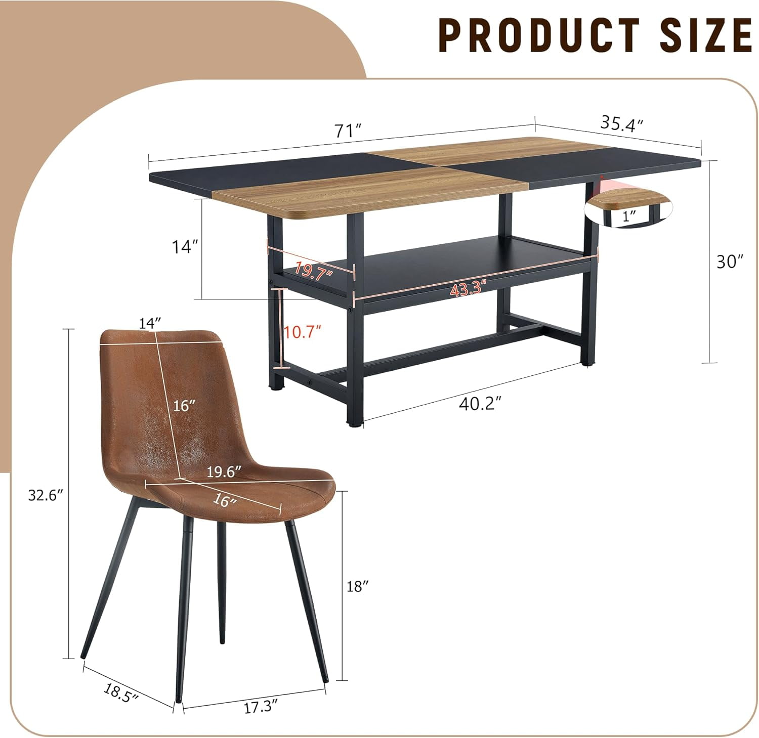 71" Modern Dining Table Set for 6 - Wood & Metal Farmhouse Industrial ...