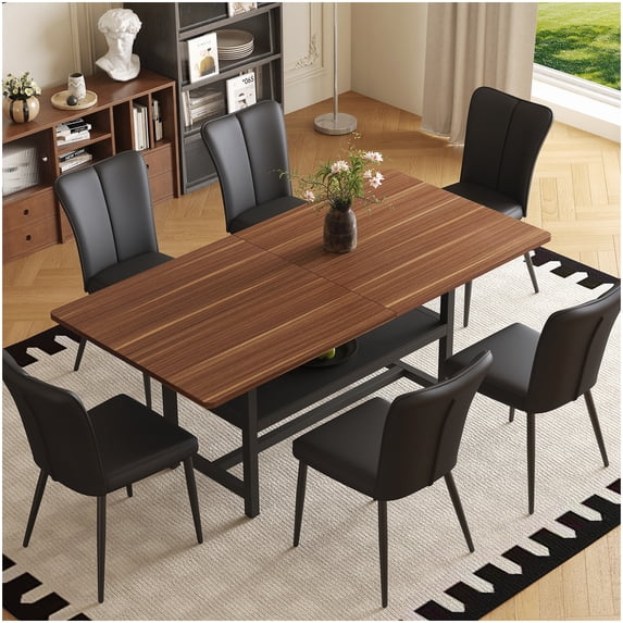 71" Modern Dining Table Set for 6, Black Chairs and Walnut Finish Table ...