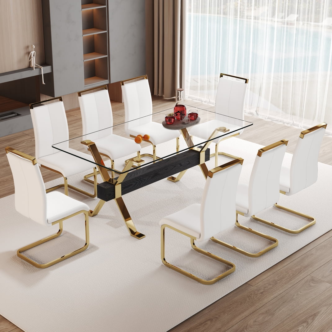 71" Modern Glass Dining Table Set for 8, Tempered Glass Top with 8 PU ...