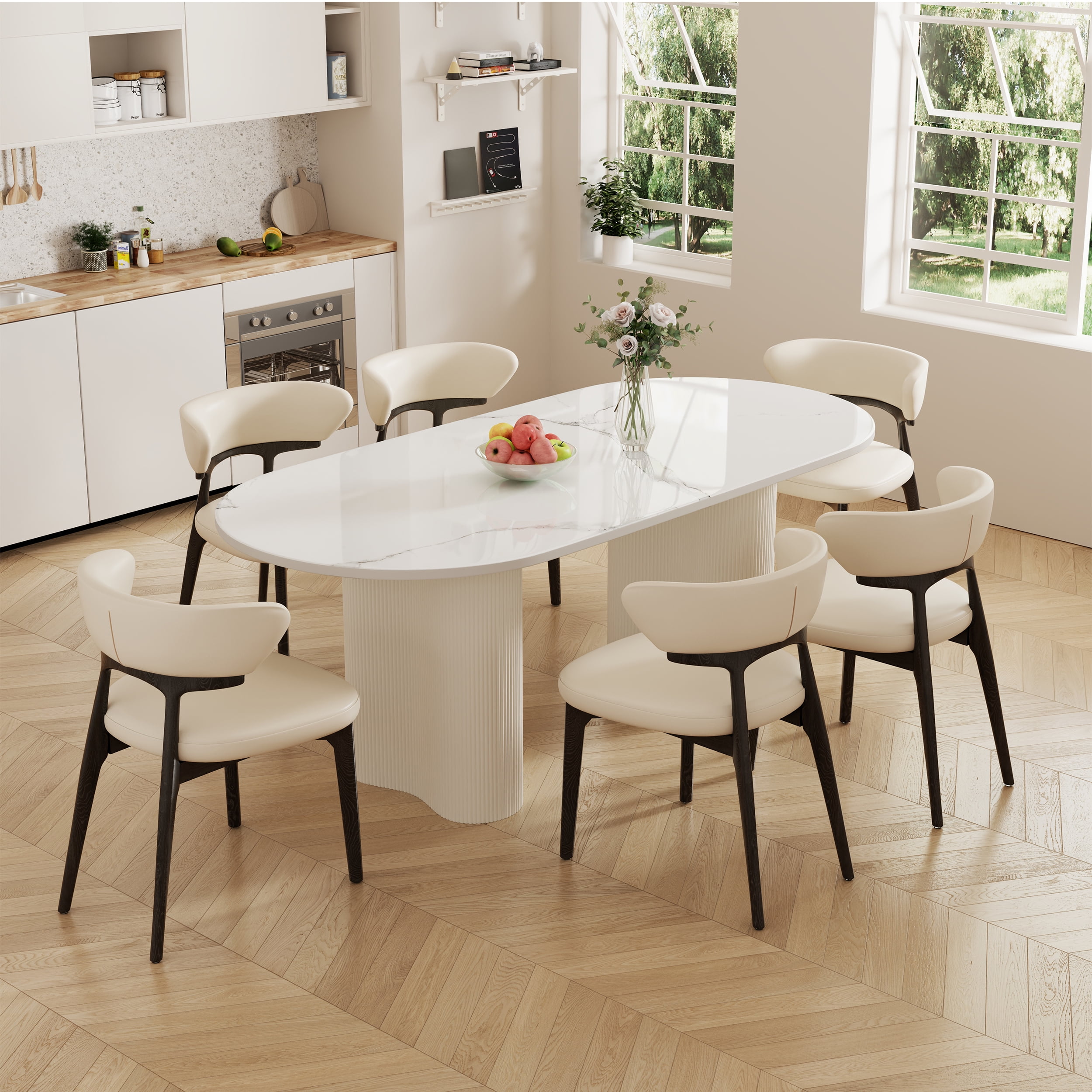 71" Modern Oval Dining Table for 6, Glossy White Sintered Stone Dining ...