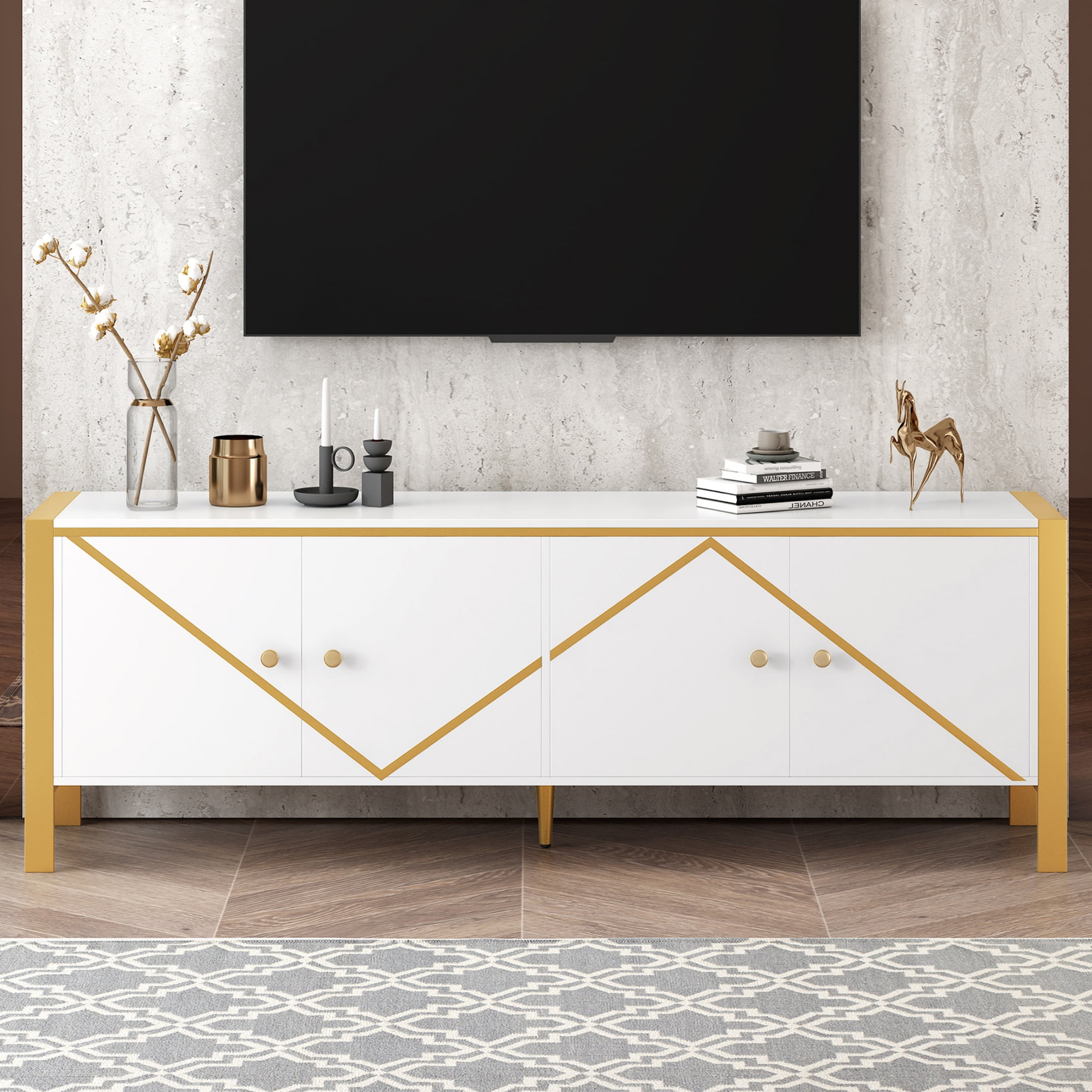 71" Modern TV Stand with Gold Metal Frame - Minimalist Media Console ...