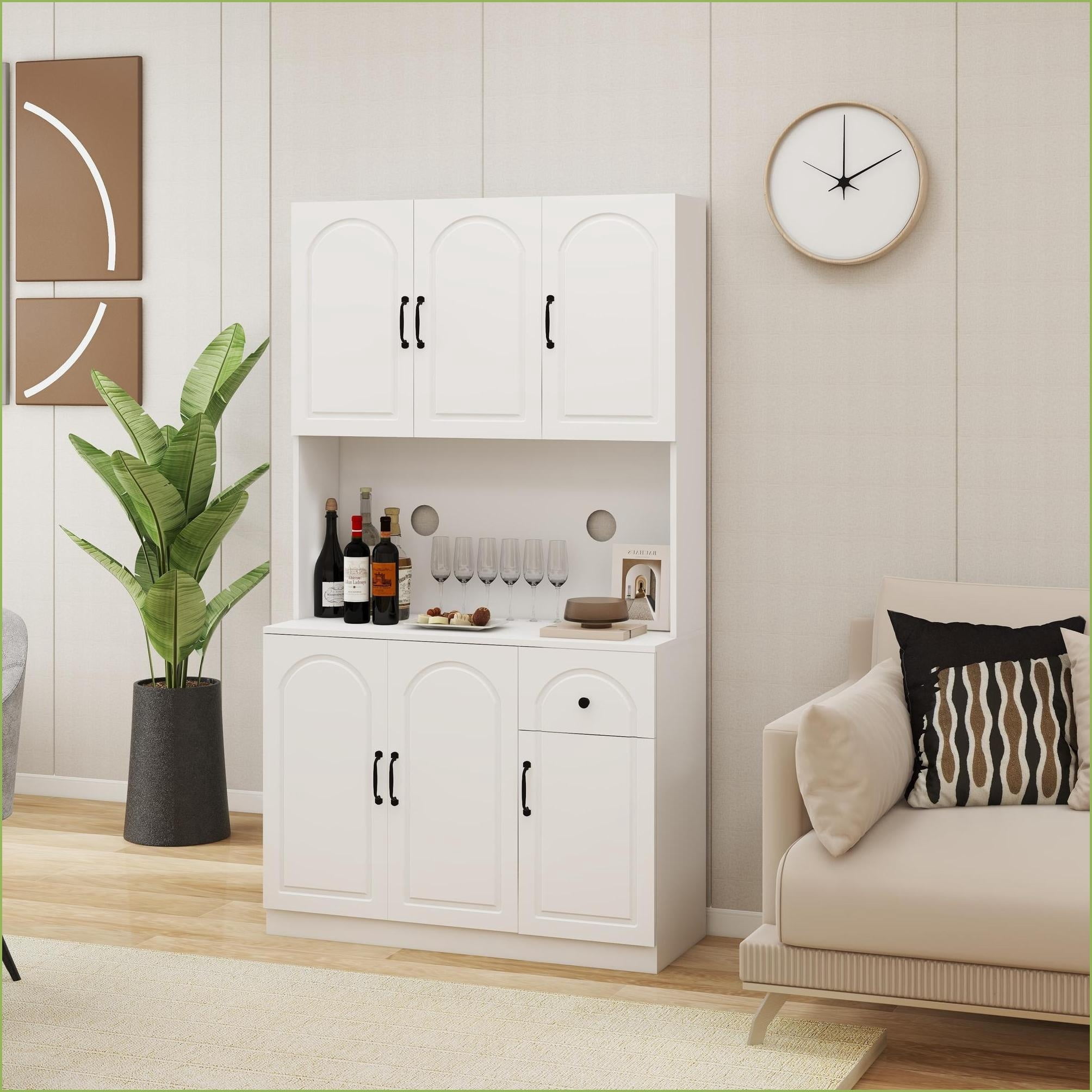 71" Modern White Kitchen Pantry Storage Cabinet with Microwave ...