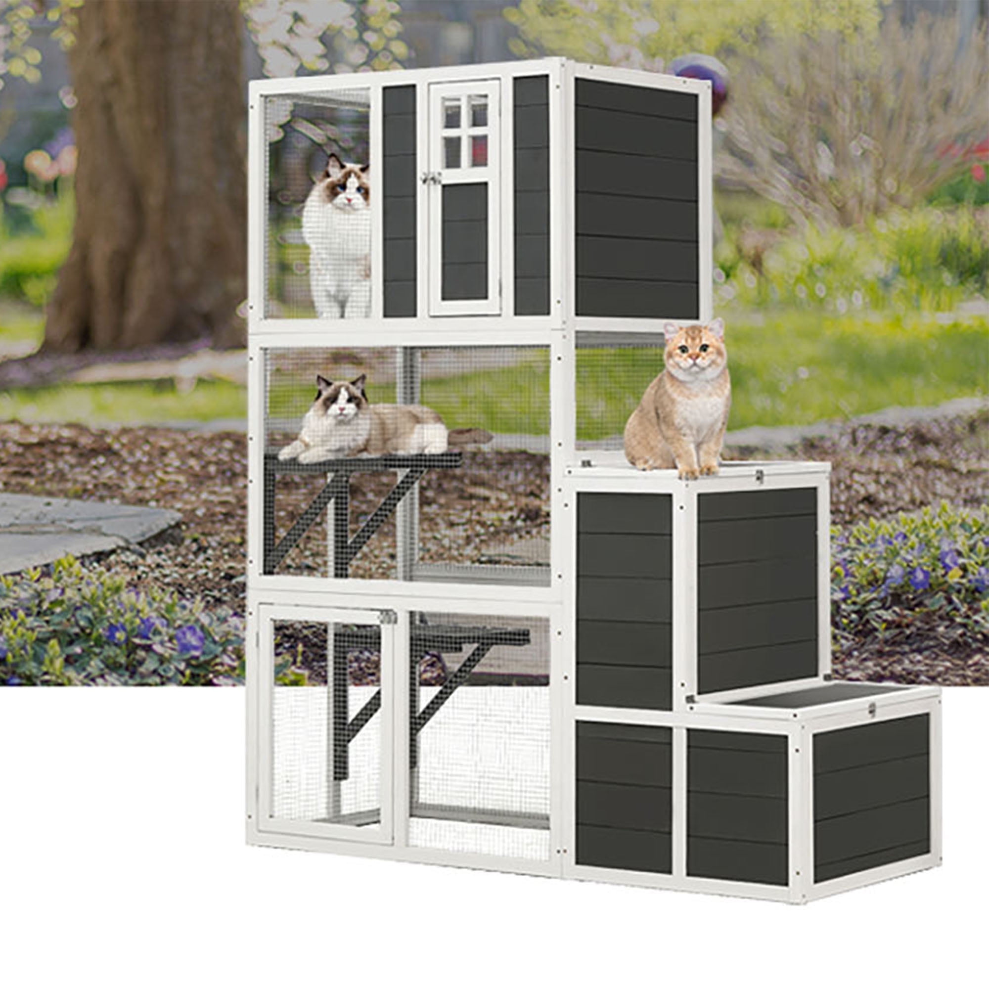 71" Multi-Level Wooden Cat House for Indoor & Outdoor Use - Cozy 3-Tier ...
