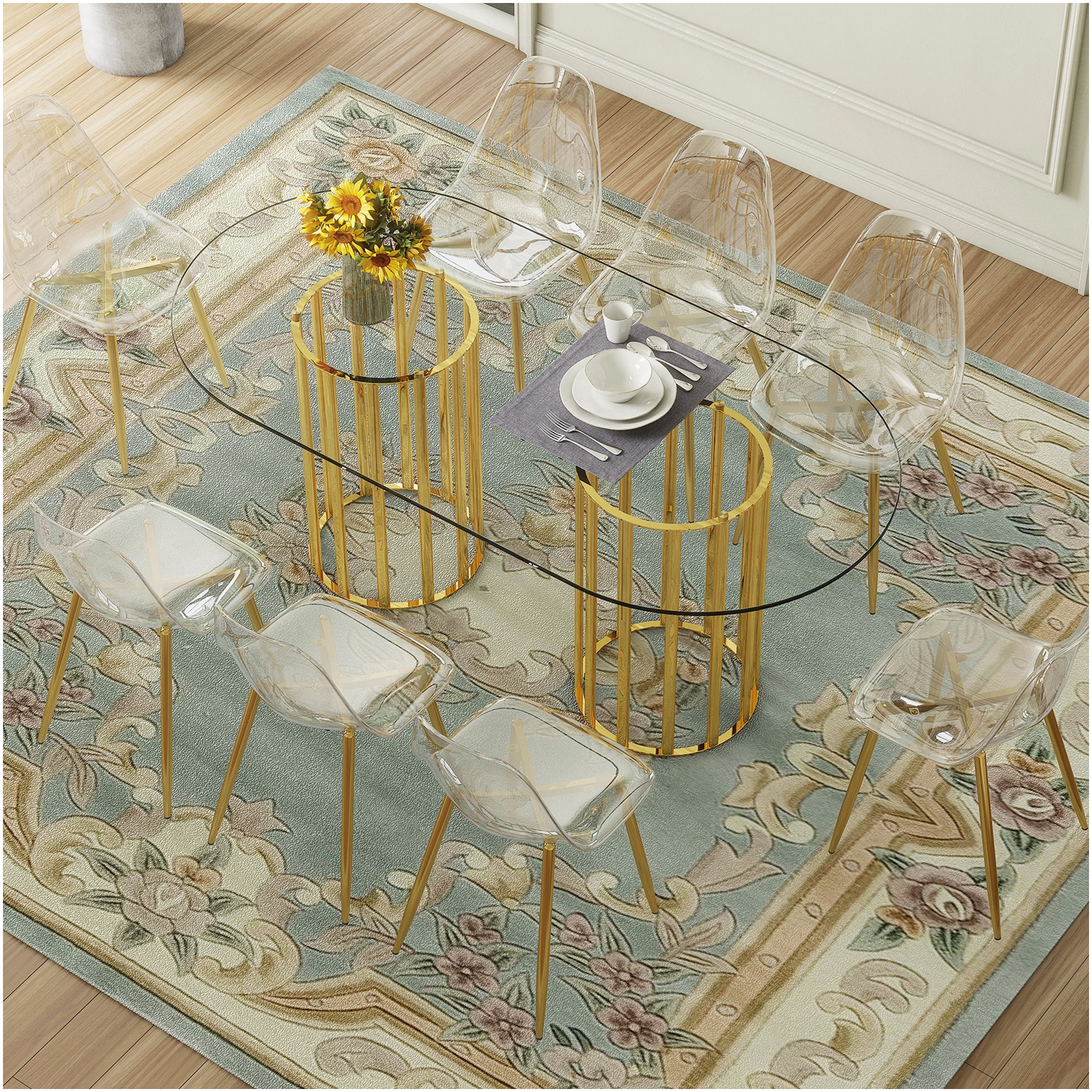 71" Oval Tempered Glass Dining Table Set with 8 Transparent Chairs ...