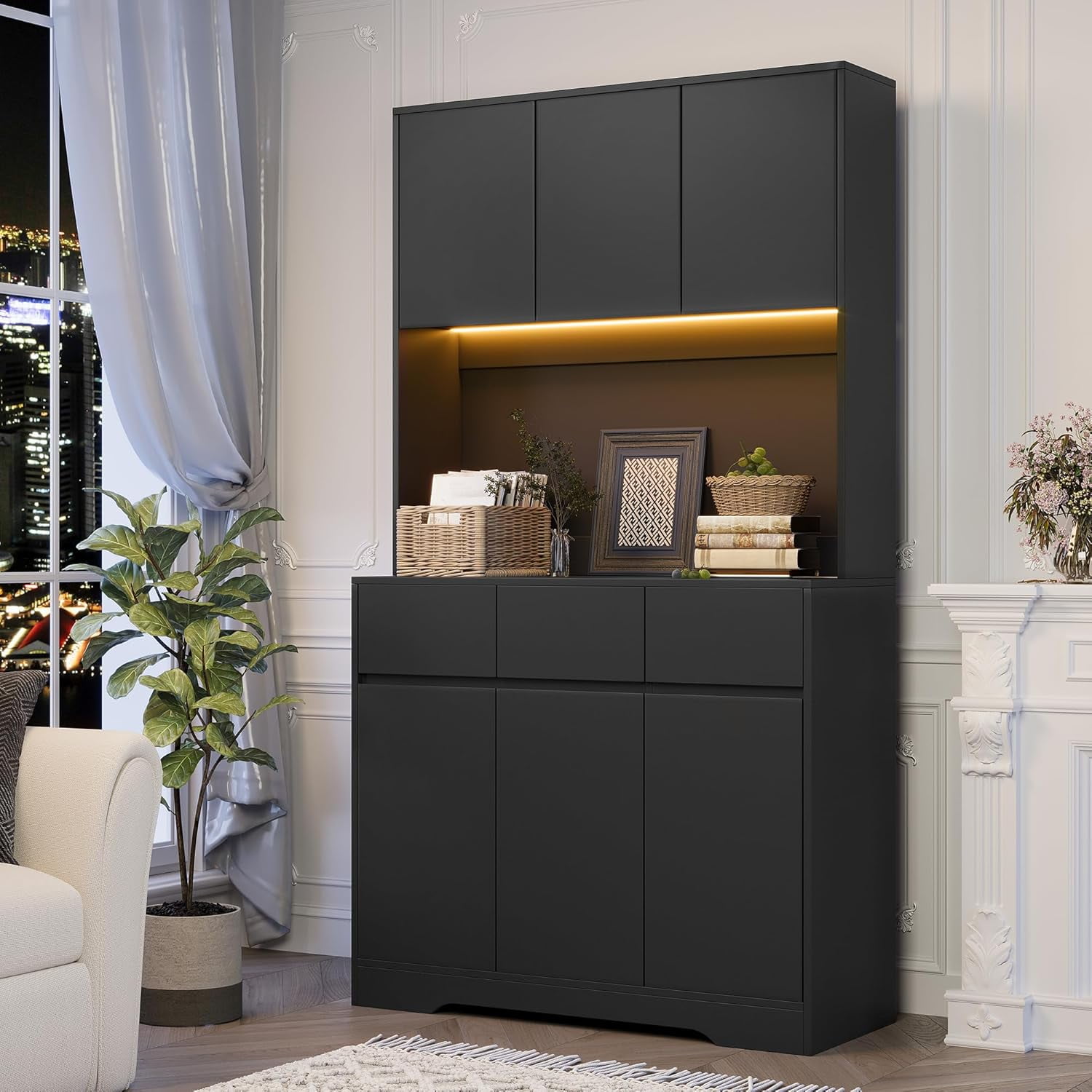 71'' Pantry Cabinet with LED Light Charging Station, kitchen storage ...