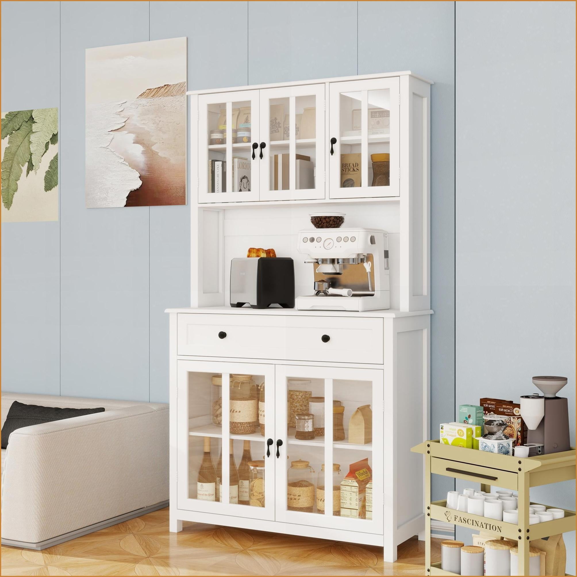 71” Pantry Storage Cabinet with Microwave Countertop, 5 Glass Doors, 1 ...