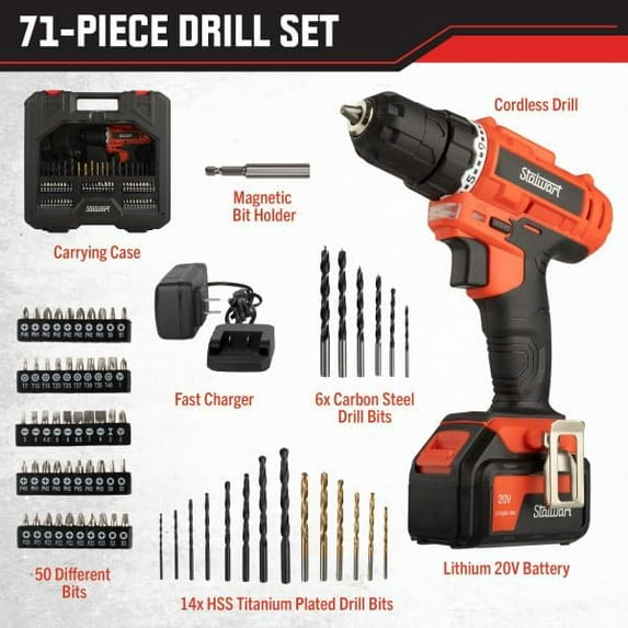 71-Piece Drill Set - 20V Cordless Drill with 21+1 Torque and Accessory ...