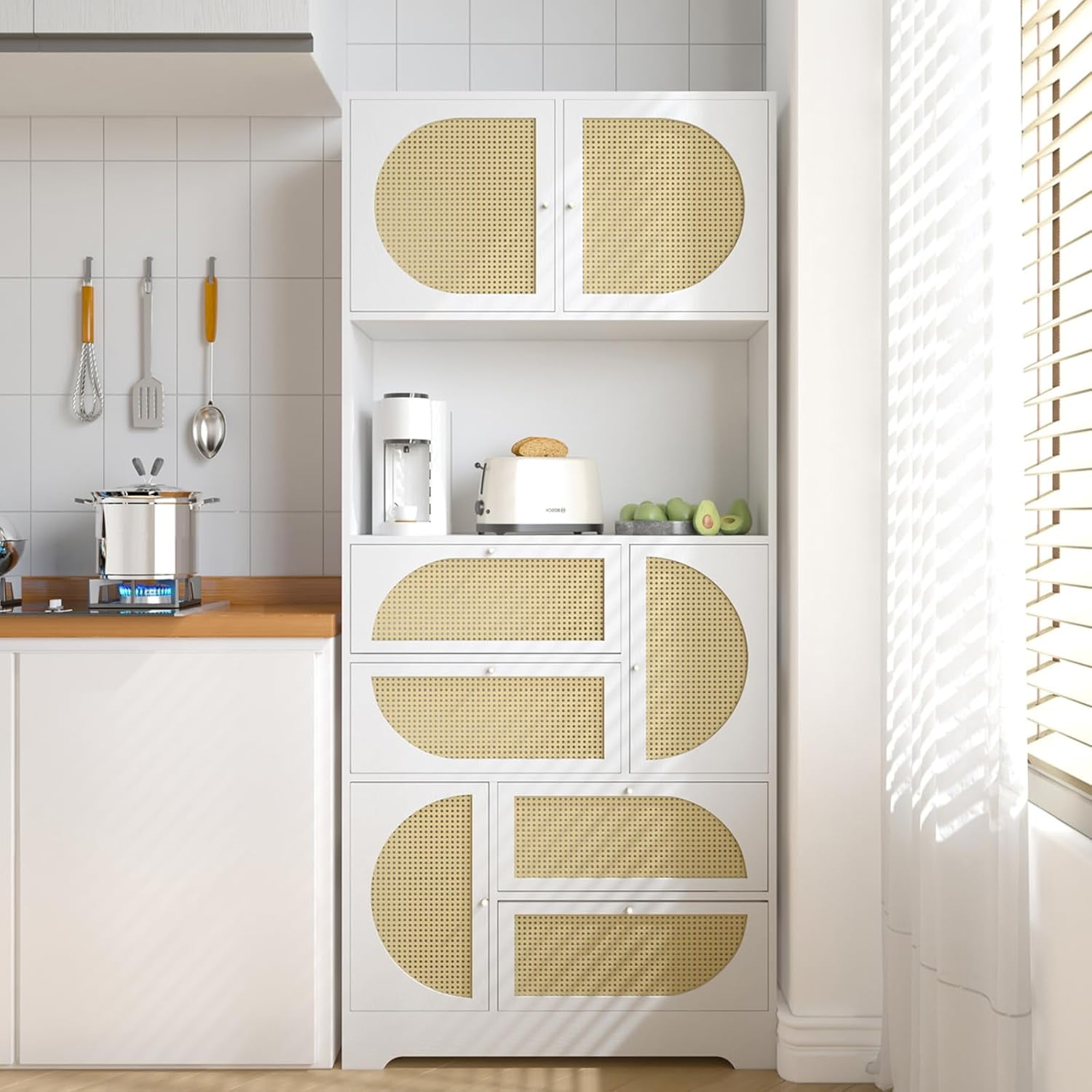 71" Rattan Storage Cabinet Pantry Living Room Furniture, Modern Tall ...