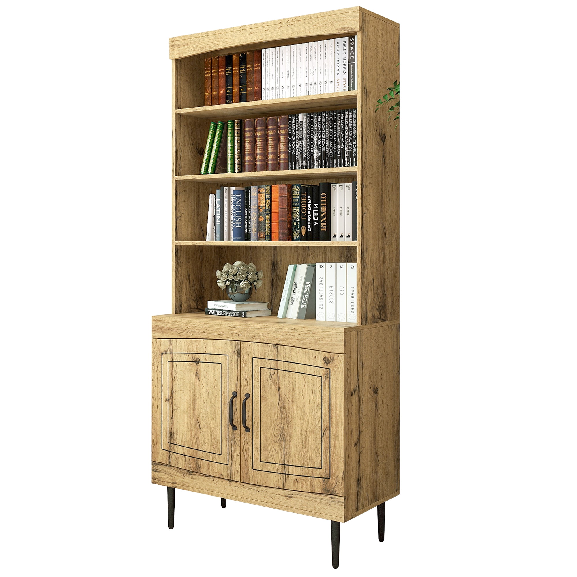 71” Retro Bookcase with Legs,Wooden Book Shelf with Storage Cabinet,6 ...
