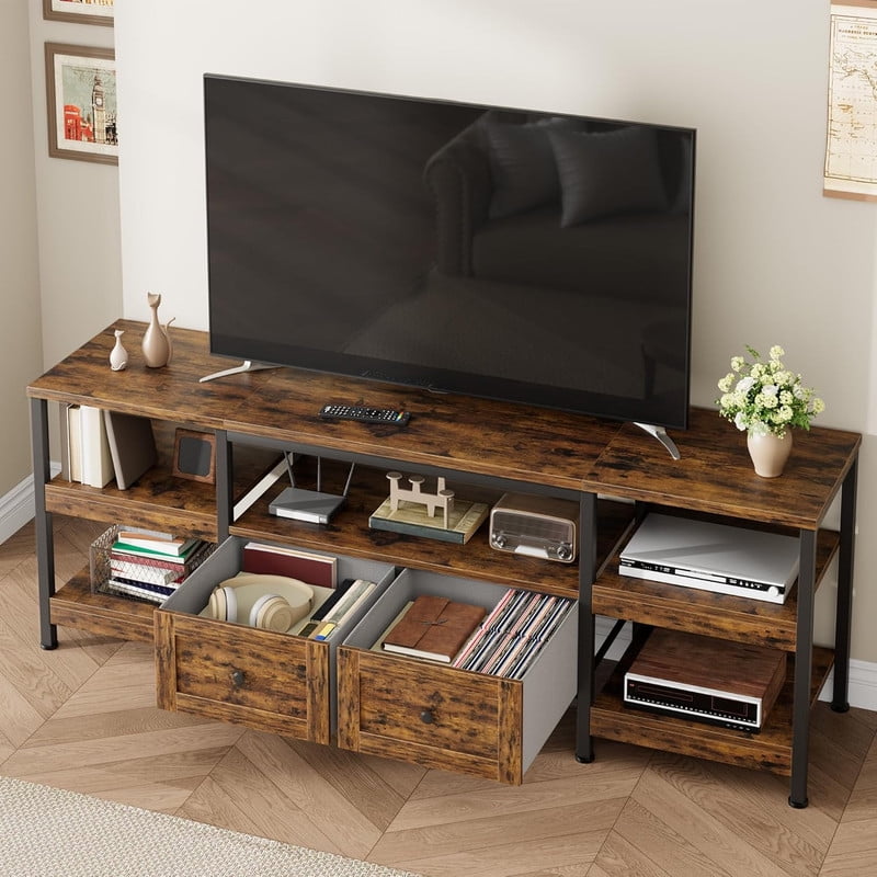 71" Rustic Brown Modern-Industrial TV Stand with Metal Frame & 2 Fabric Drawers - Entertainment ...
