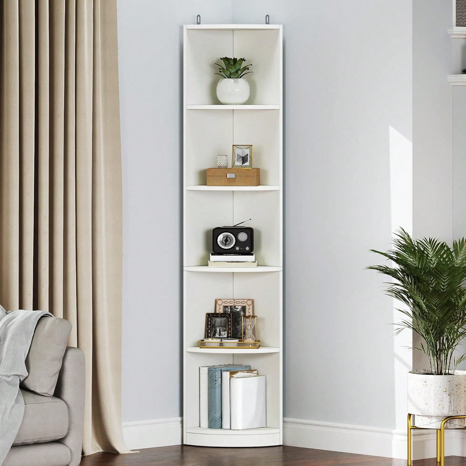 71" Tall 5-Tier Corner Shelf Wooden Bookcase Bookshelf With 5 Shelves ...