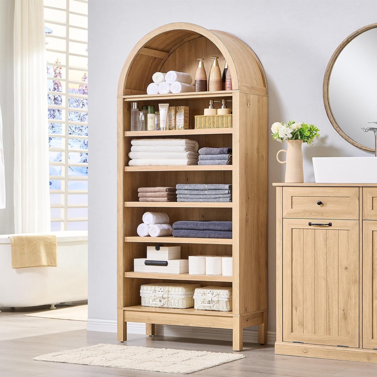 71" Tall Arched Bathroom Storage Cabinet, 7-Tier Modern Farmhouse ...