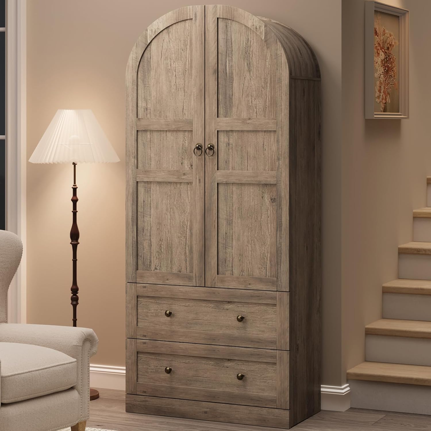 71" Tall Arched Bookcase Cabinet, Wood Arched Bookshelf with Doors ...