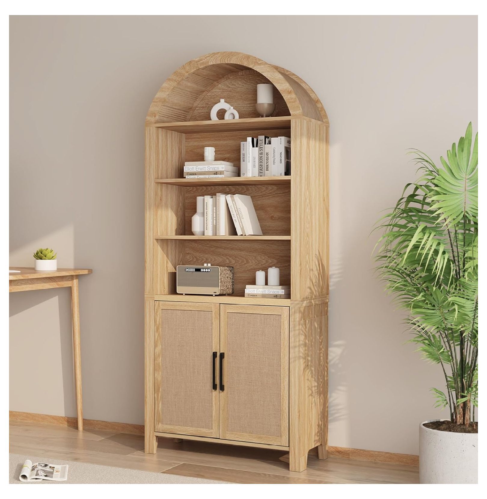 71" Tall Arched Bookcase with Storage, -Century Modern 6-Tier Curved ...