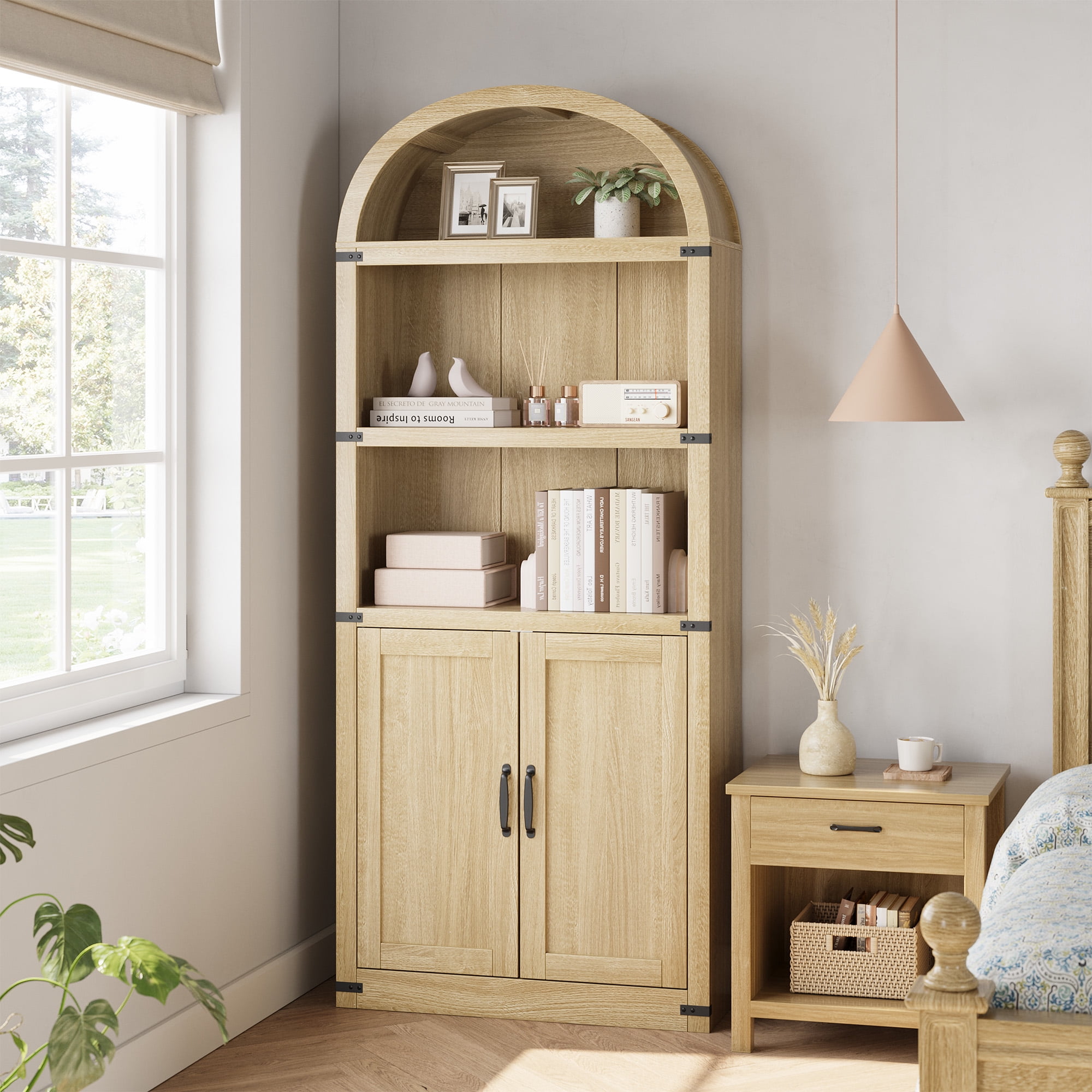 71" Tall Arched Bookshelf, 3 Tier Wooden Bookcase with Open Shelves ...