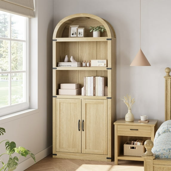 71" Tall Arched Bookshelf, 3 Tier Wooden Bookcase with Open Shelves ...