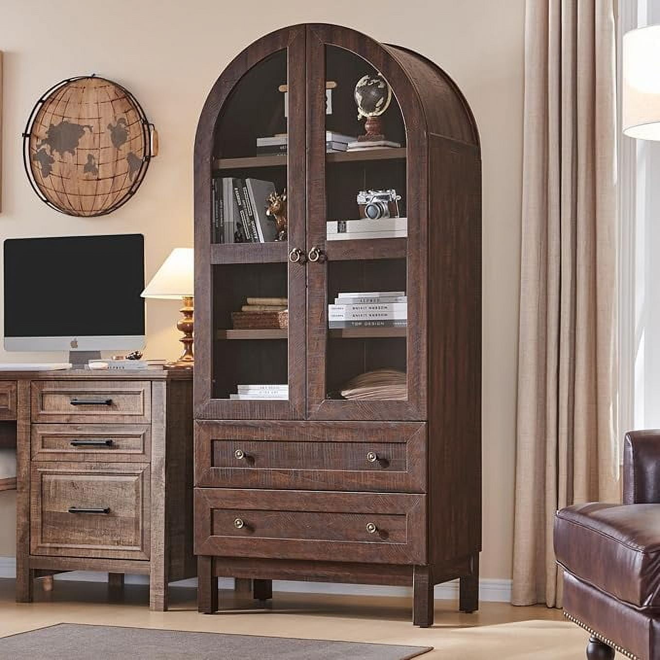 71" Tall Arched Bookshelf, 4-Tier Bookcase with Glass Doors and Shelves ...