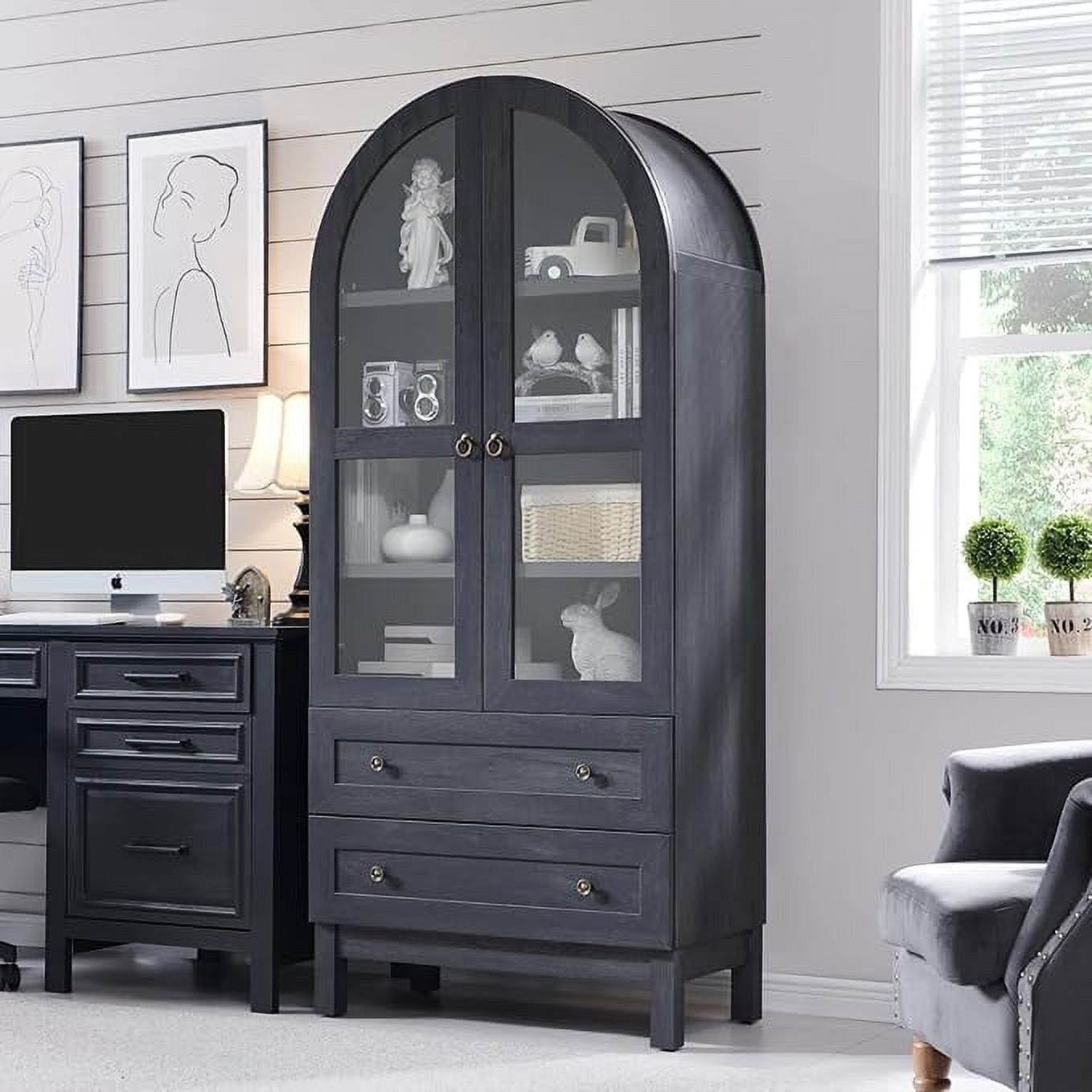 71" Tall Arched Bookshelf, 4-Tier Bookcase with Glass Doors and Shelves ...