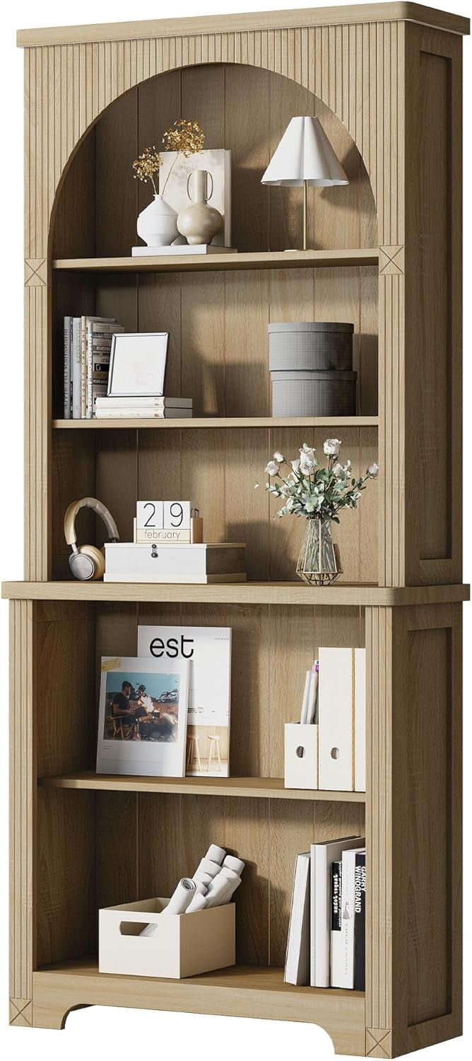 71'' Tall Arched Bookshelf, Mid Century Modern Curved Bookcase with 5 ...