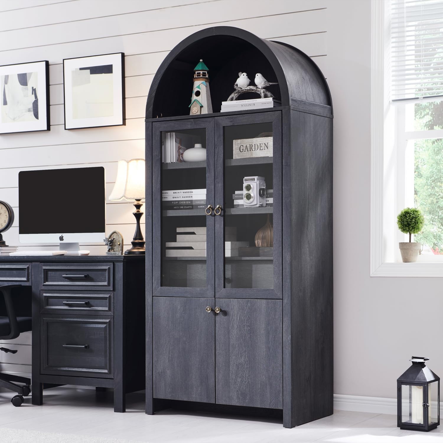 71” Tall Arched Bookshelf, Modern Farmhouse Bookcase w/ Open ...