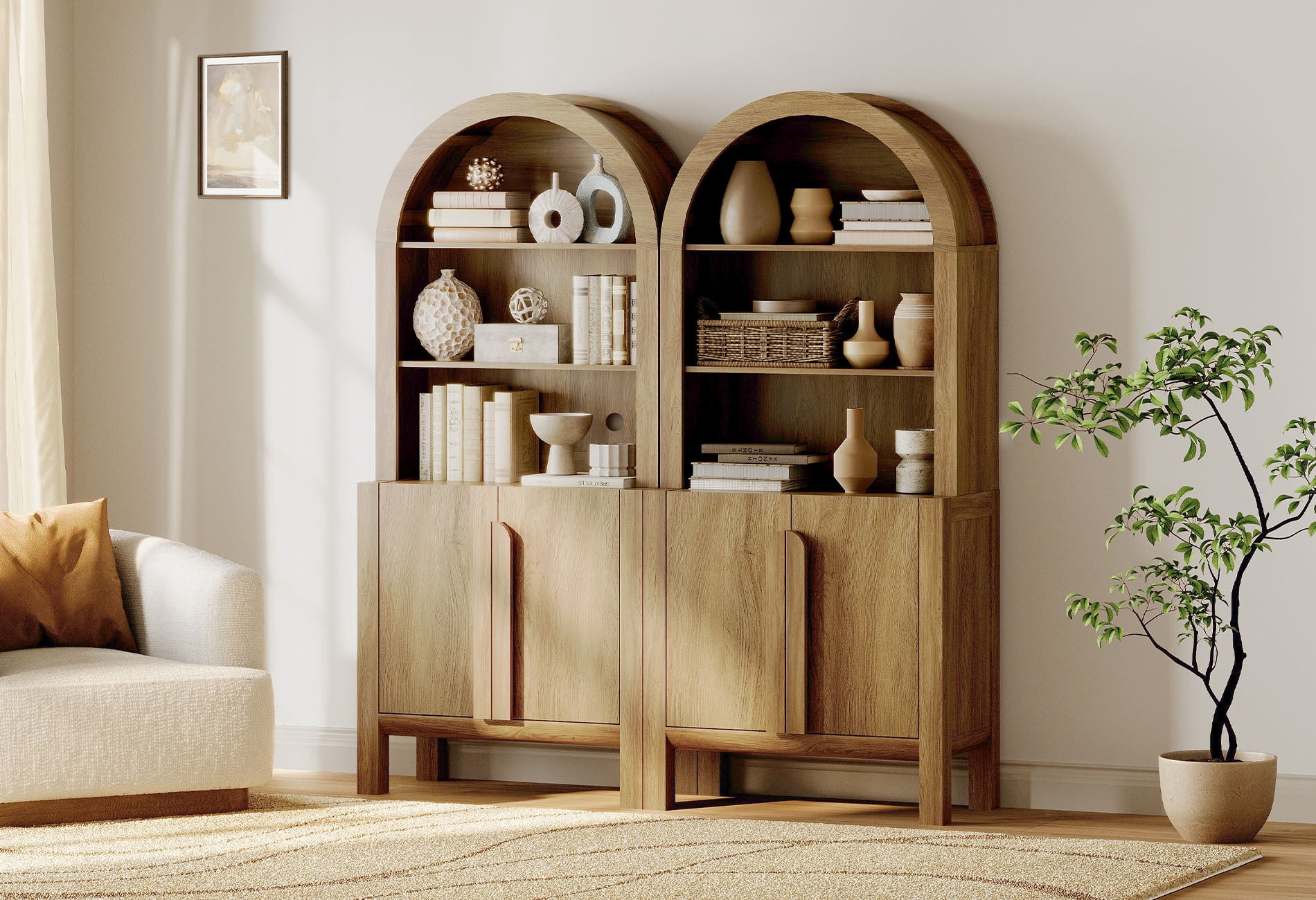 71” Tall Arched Bookshelf Set of 2, Modern 5 Tier Bookcase with Cabinet ...