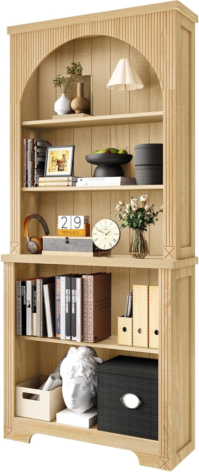 71” Tall Arched Bookshelf,Wooden 5 Tier Fluted Book Shelves with ...
