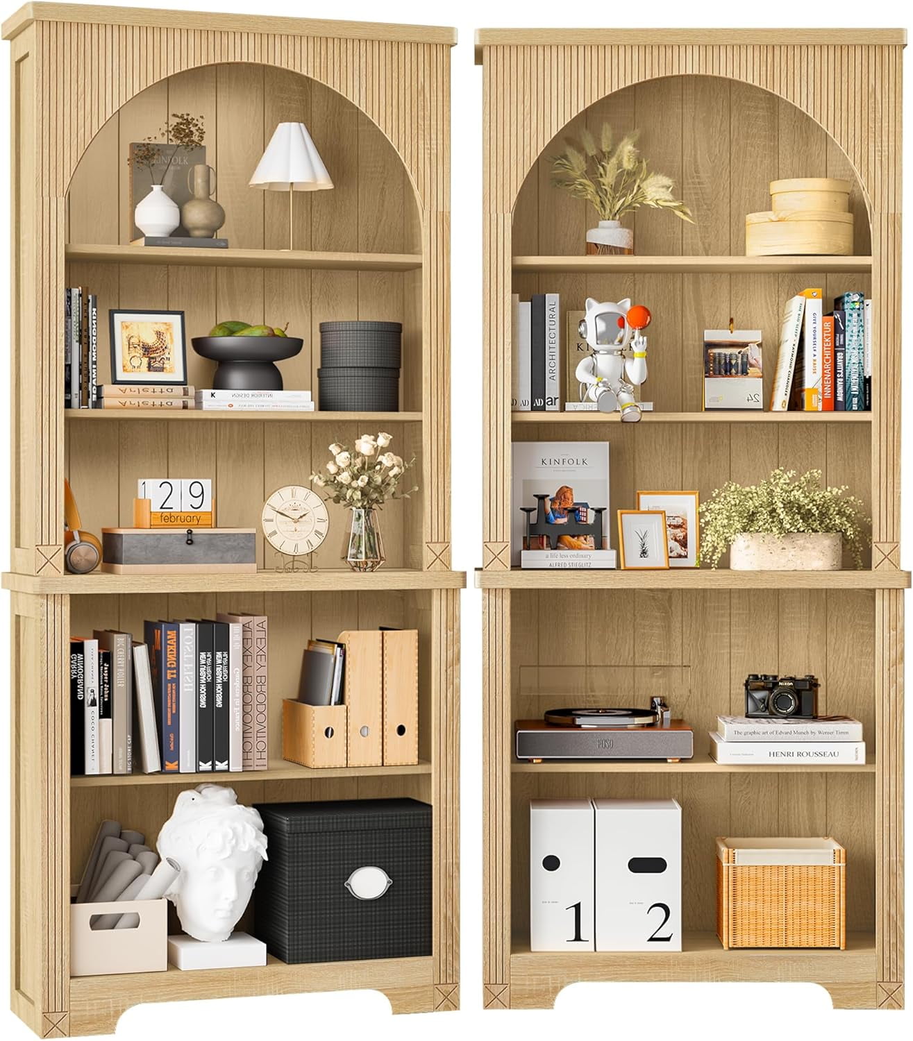 71” Tall Arched Bookshelf,Wooden 5 Tier Fluted Book Shelves with ...