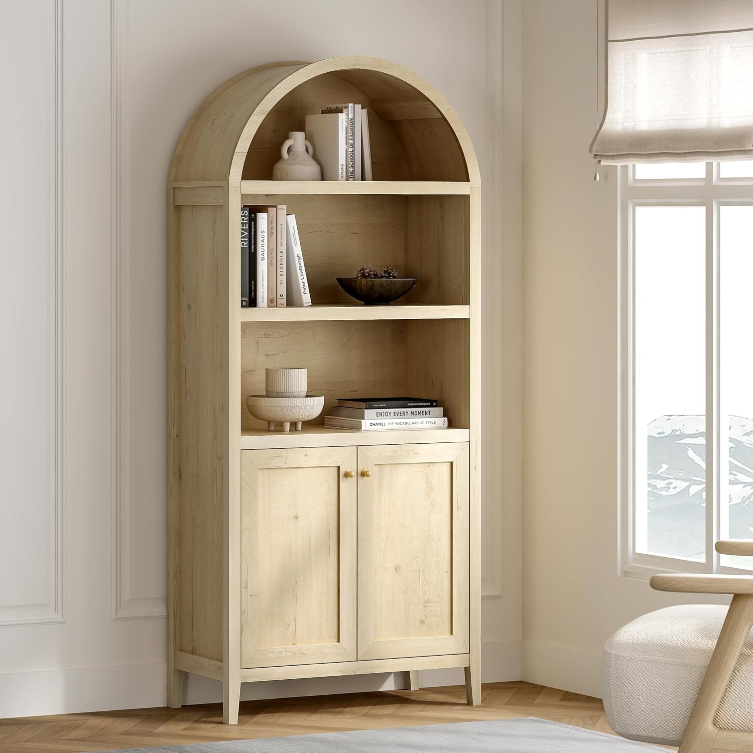 71" Tall Arched Cabinet, 5-Tier Arched Bookcase Storage Display Cabinet ...