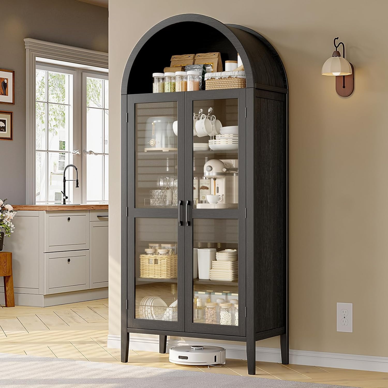 71" Tall Arched Cabinet, 5-Tier Arched Kitchen Pantry with Glass Doors ...