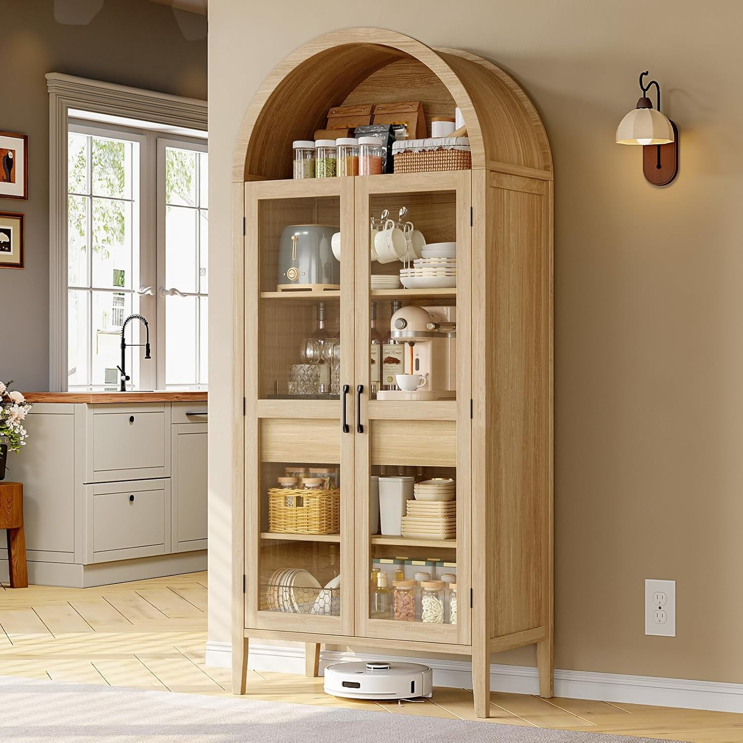 71" Tall Arched Cabinet, 5-Tier Arched Kitchen Pantry with Glass Doors ...