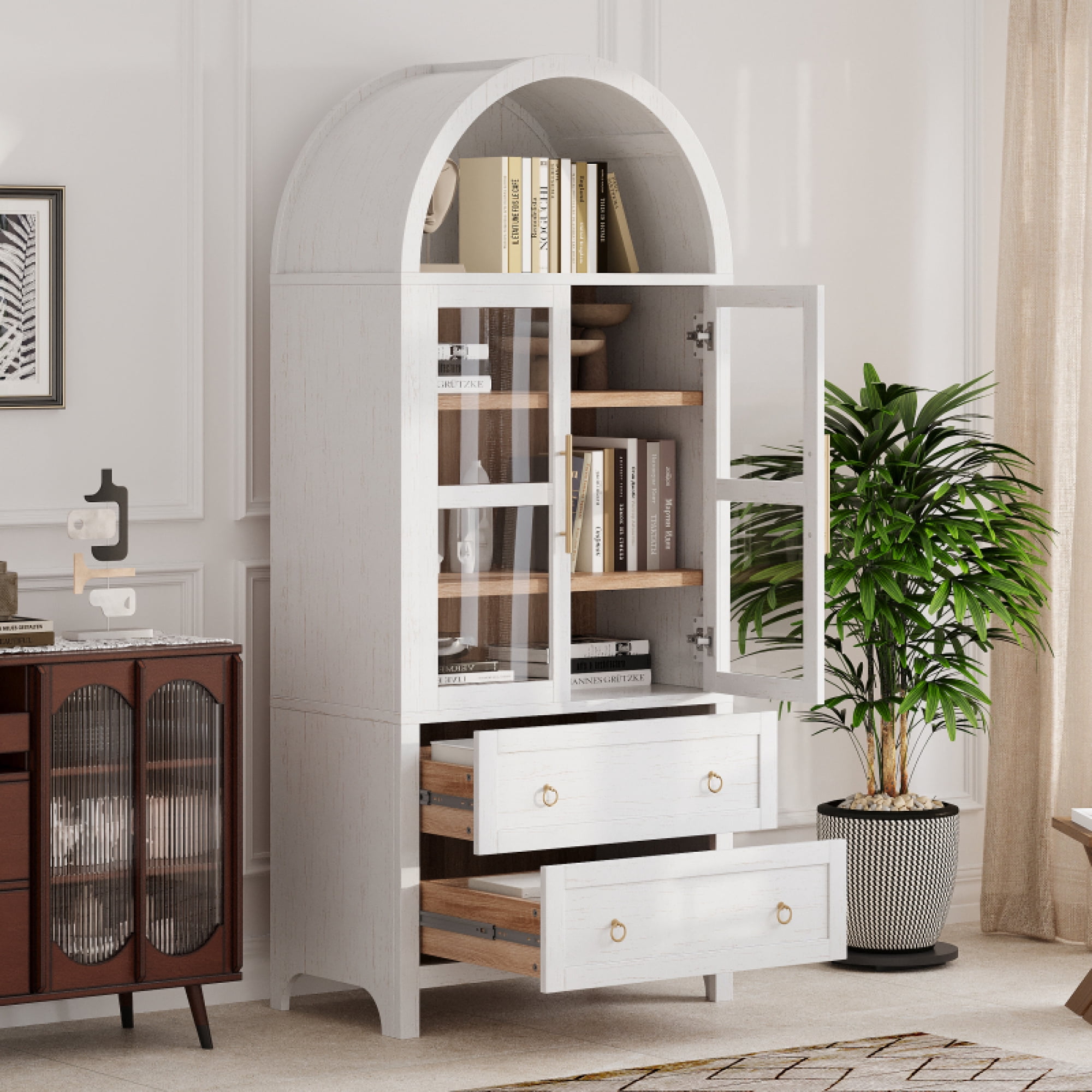 71" Tall Arched Kitchen Pantry Cabinet with 2 Large Drawers, Modern ...