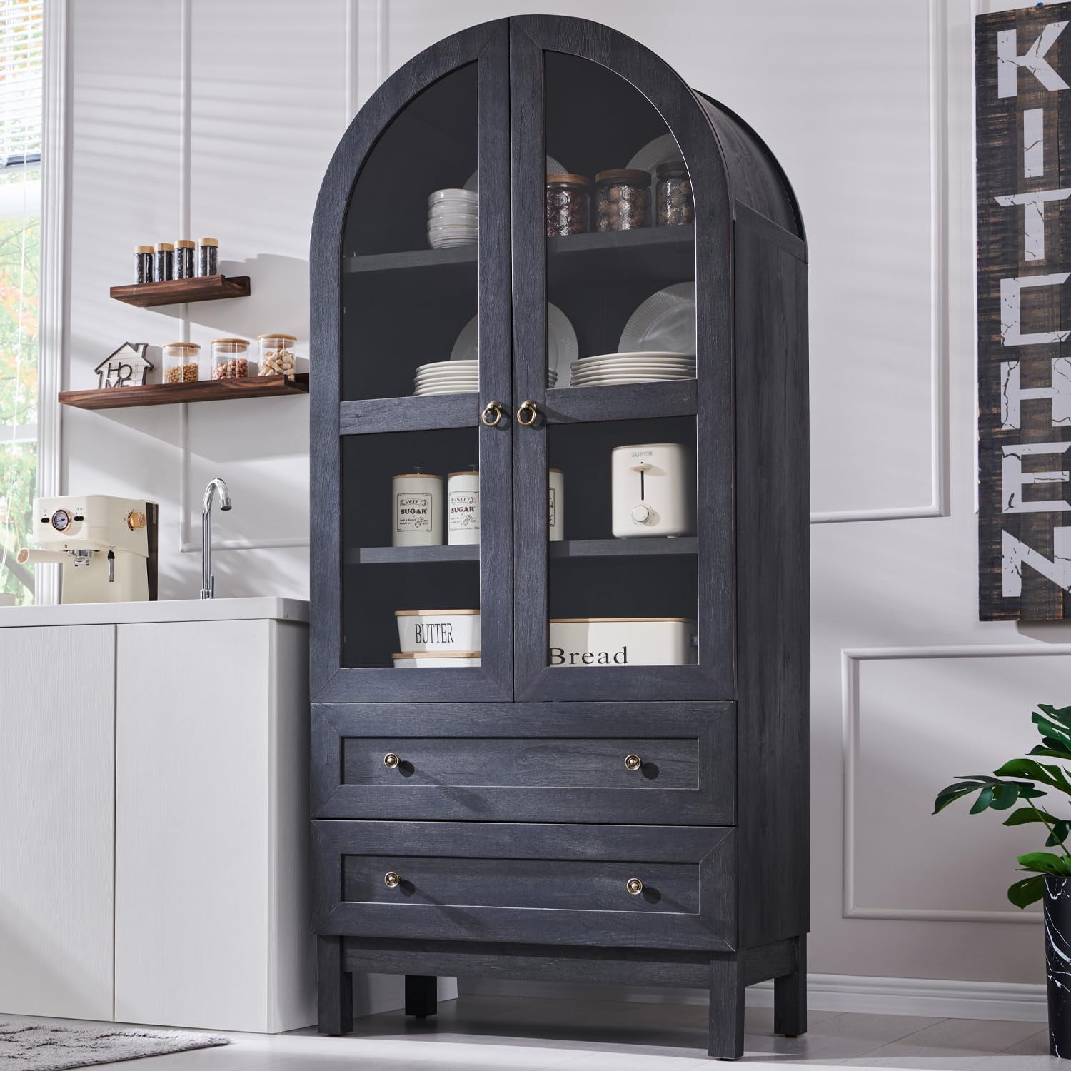 71" Tall Arched Kitchen Pantry Cabinet, Wood Kitchens Storage Cabinets ...
