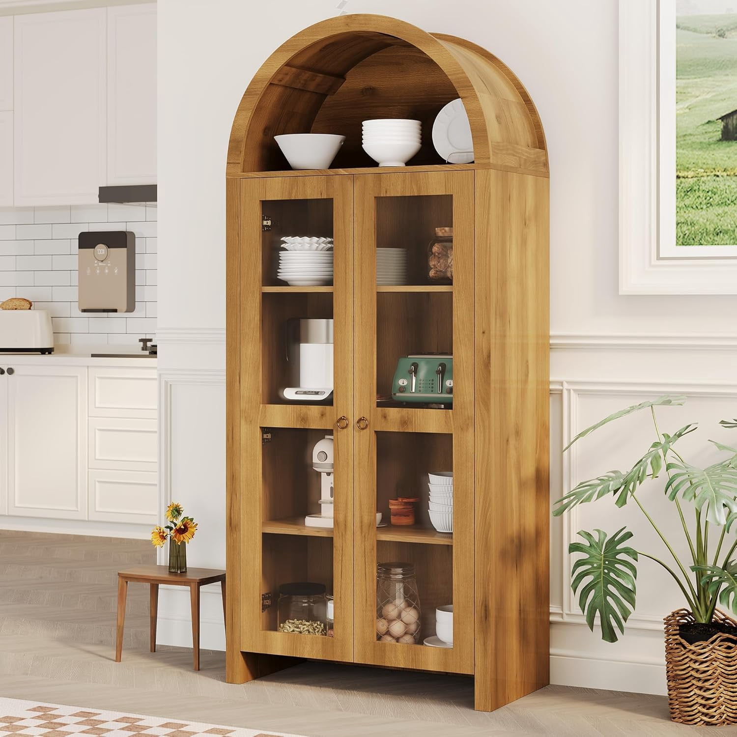 71" Tall Arched Kitchen Pantry with Glass Doors, Modern Wood Storage ...