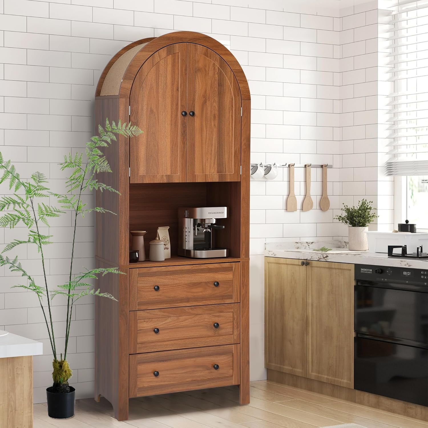 71” Tall Arched Storage Cabinet with Drawer,Farmhouse Arched Bookcase ...