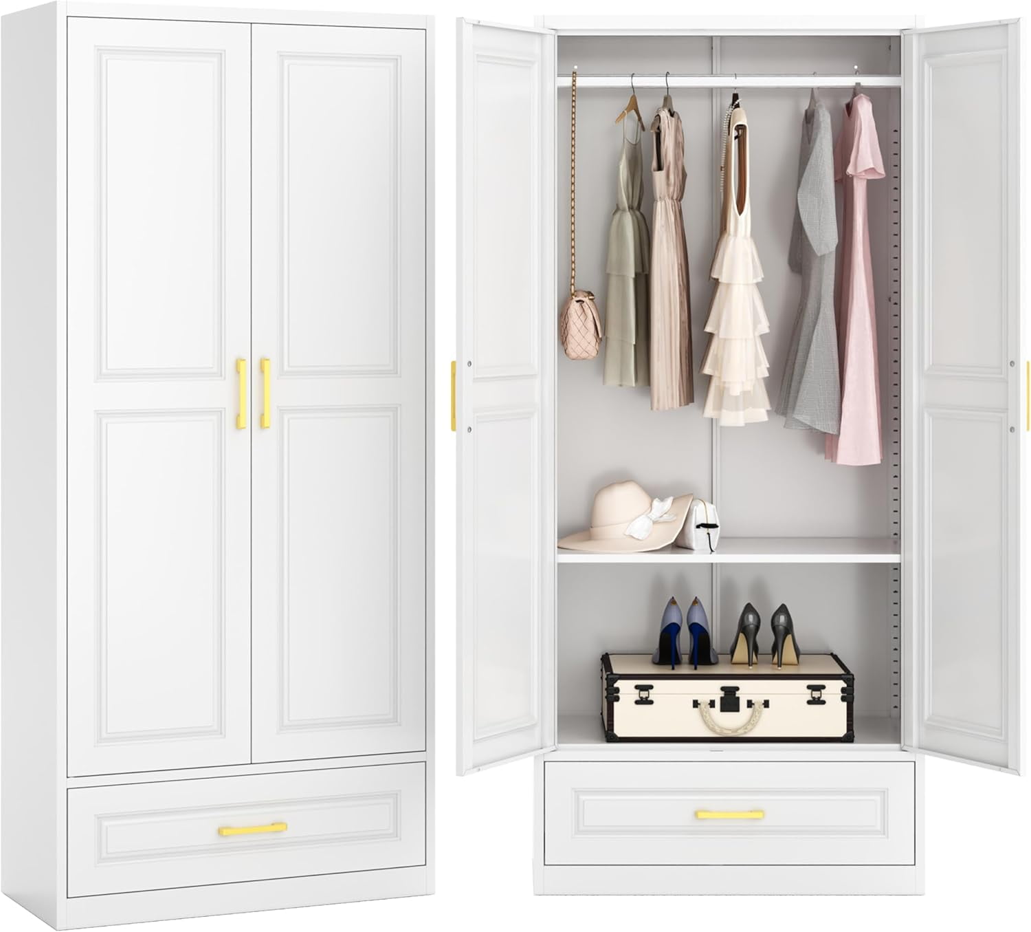 71" Tall Armoire Wardrobe Closet with with Drawer, Metal Storage ...