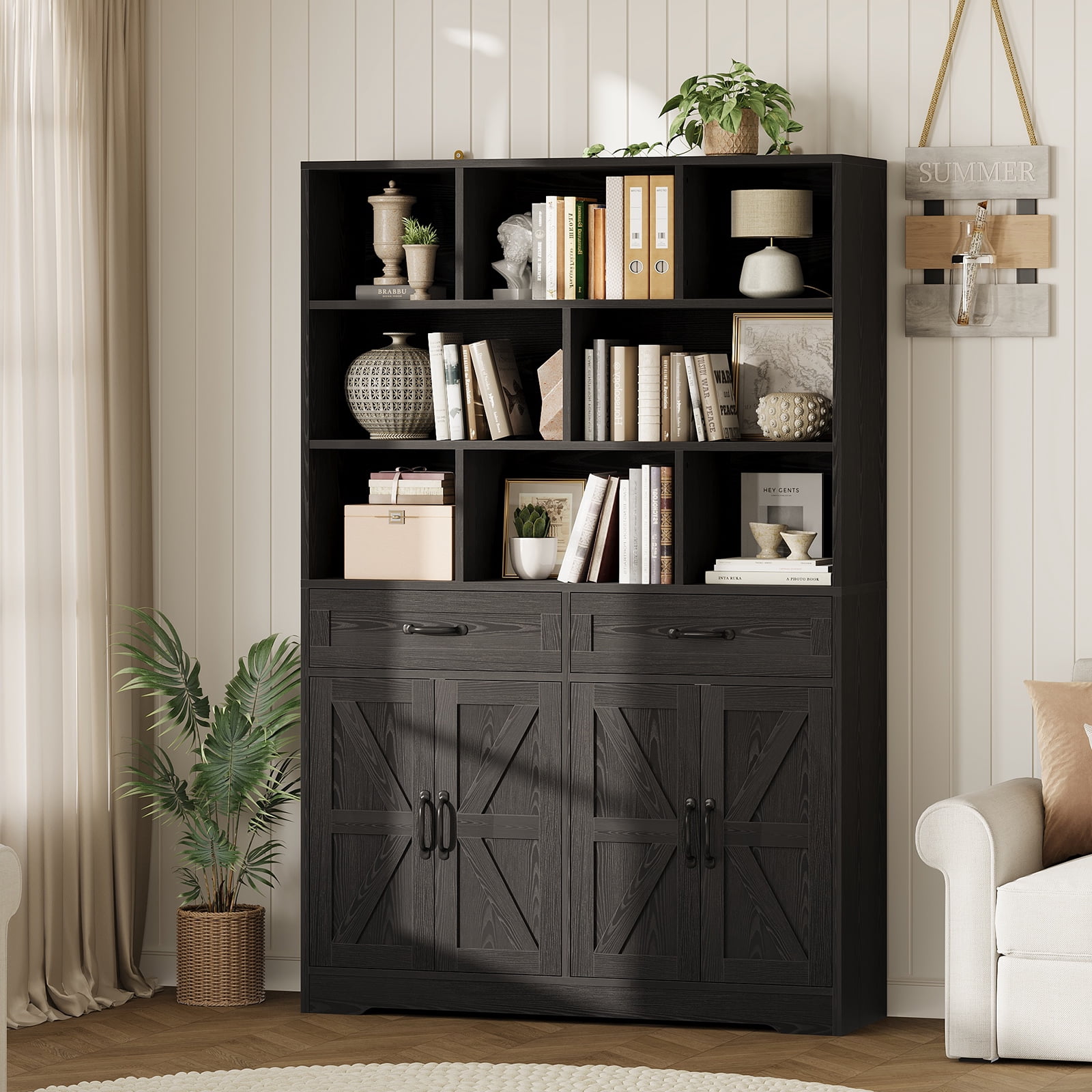 71'' Tall Bookcase with 2 Drawers & 4 Doors, 6-Tier Modern Bookshelf ...
