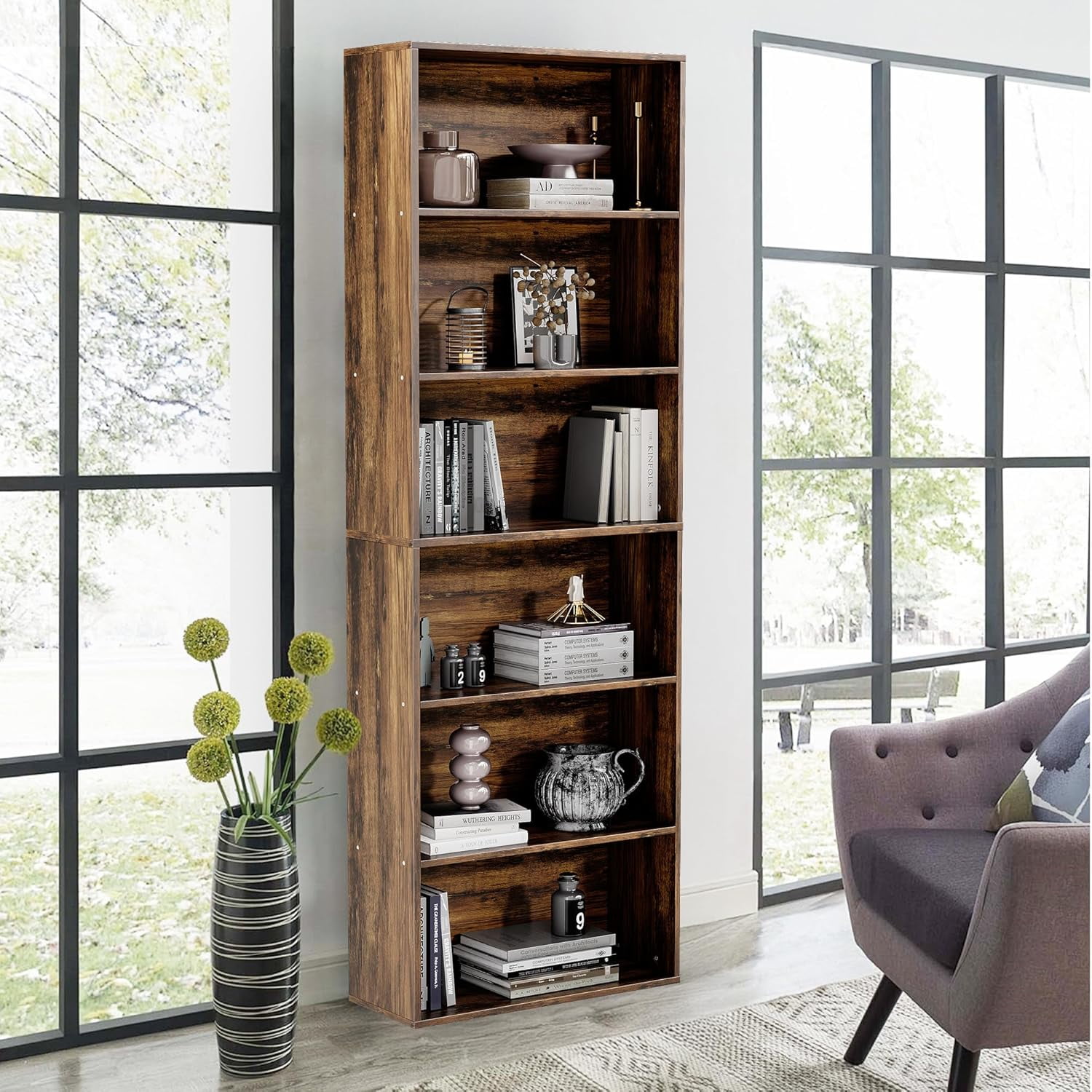 71" Tall Bookcase, 6-Tier Open Display Storage Shelves, Floor Standing ...