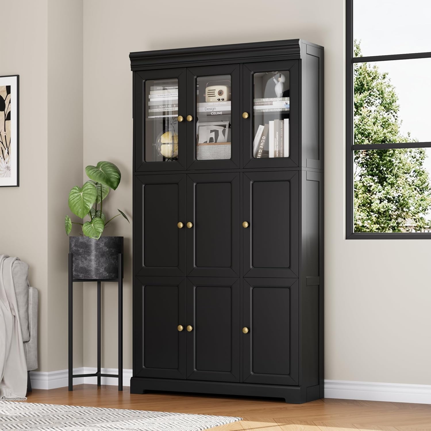 71" Tall Bookcase Glass Door Bookshelf for Display Bottom Cabinets for ...