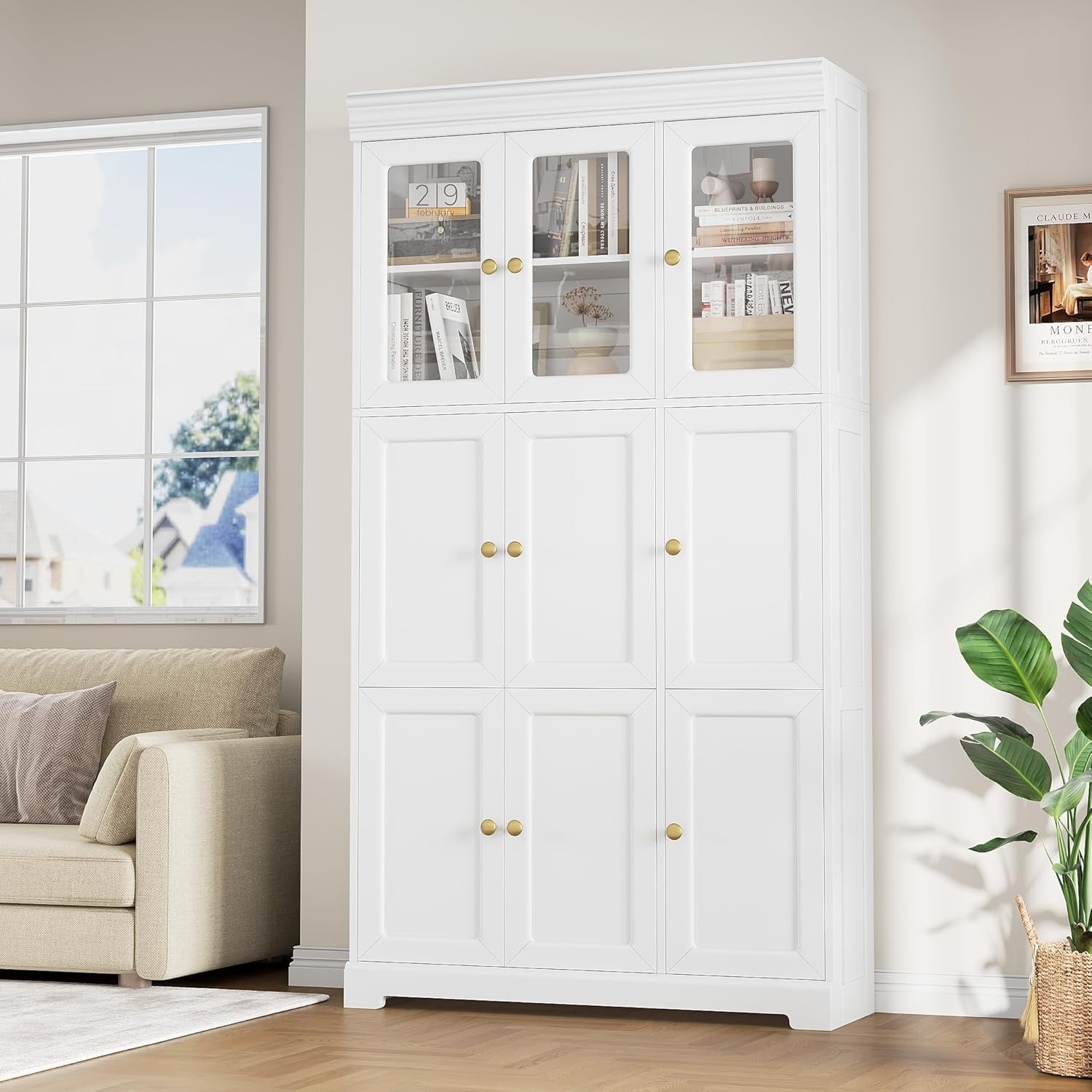 71" Tall Bookcase Glass Door Bookshelf for Display Bottom Cabinets for ...