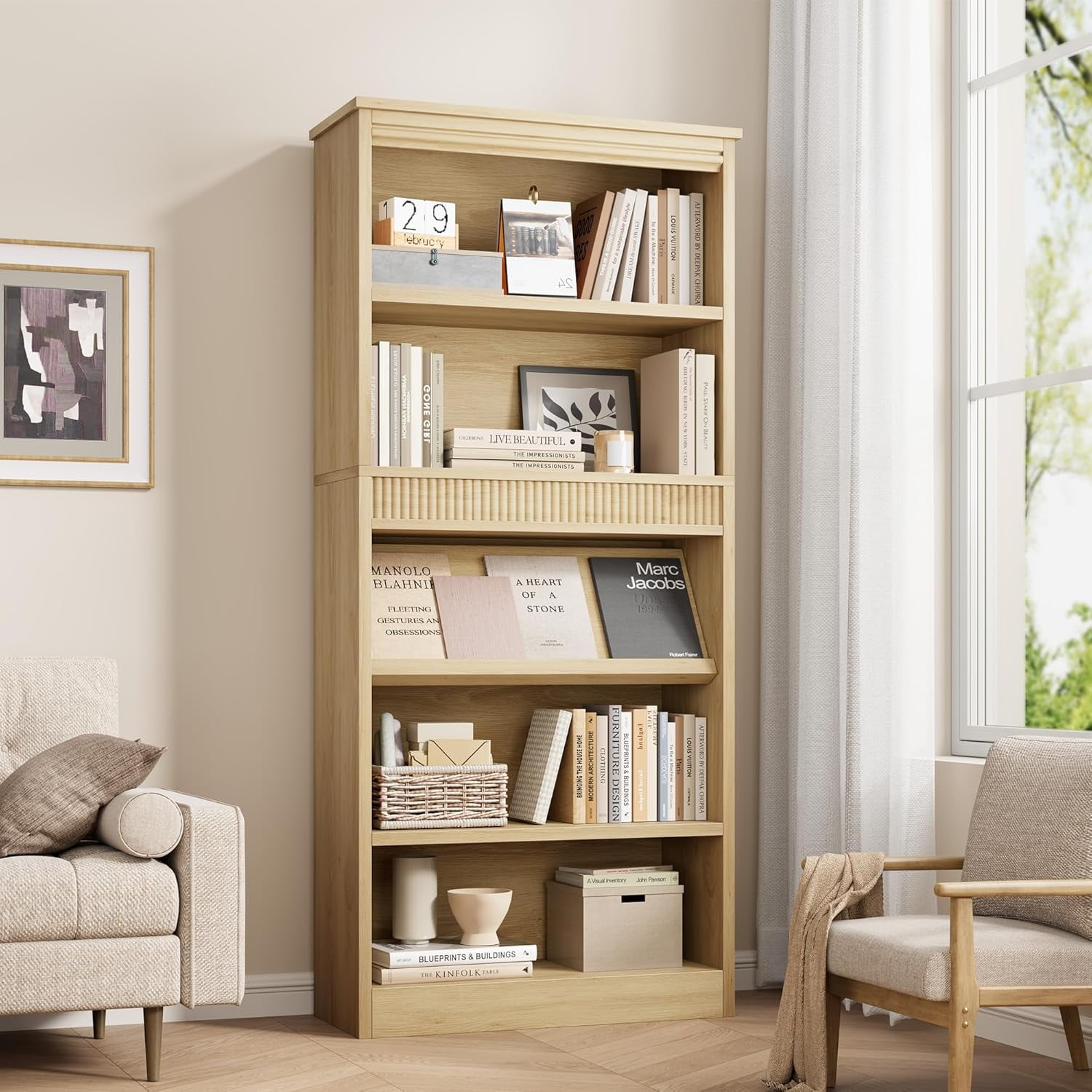 71" Tall Bookcase w/Display Rack & Fluted Design, 5 Tier Tall Bookshelf ...