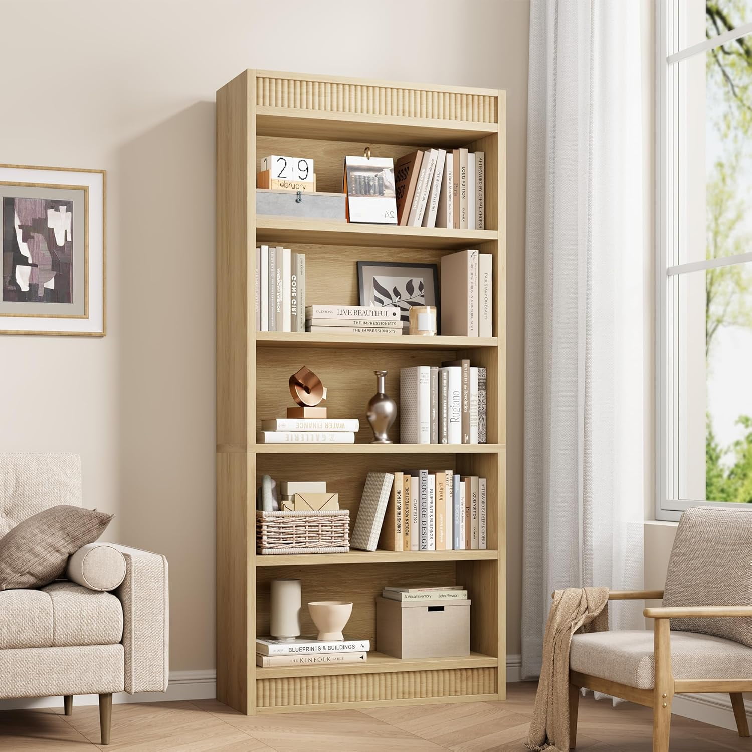 71" Tall Bookcase w/Display Rack & Fluted Design, 5 Tier Tall Bookshelf ...