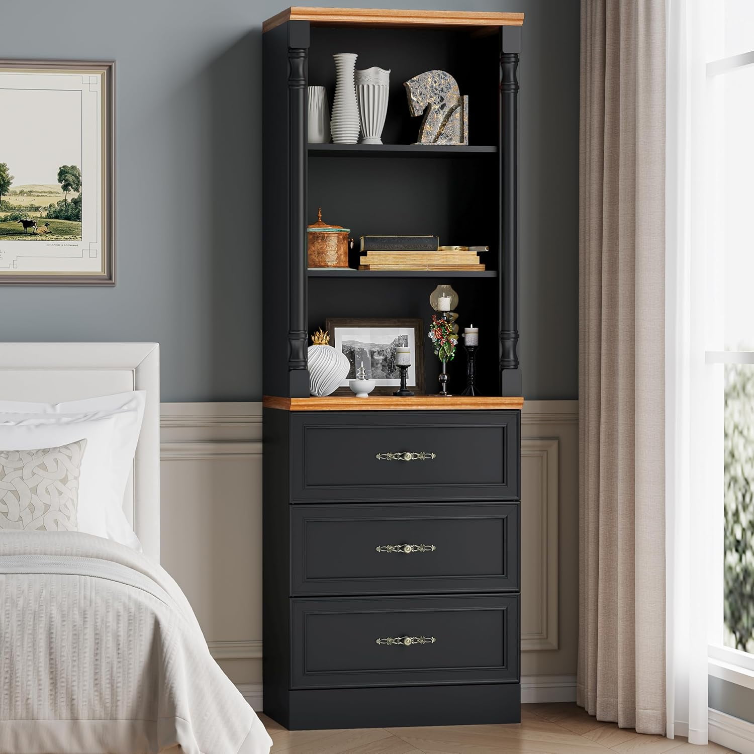 71'' Tall Bookshelf with 3 Drawers, Bookcase Storage Cabinets with 3-Tier Adjustable Shelves ...