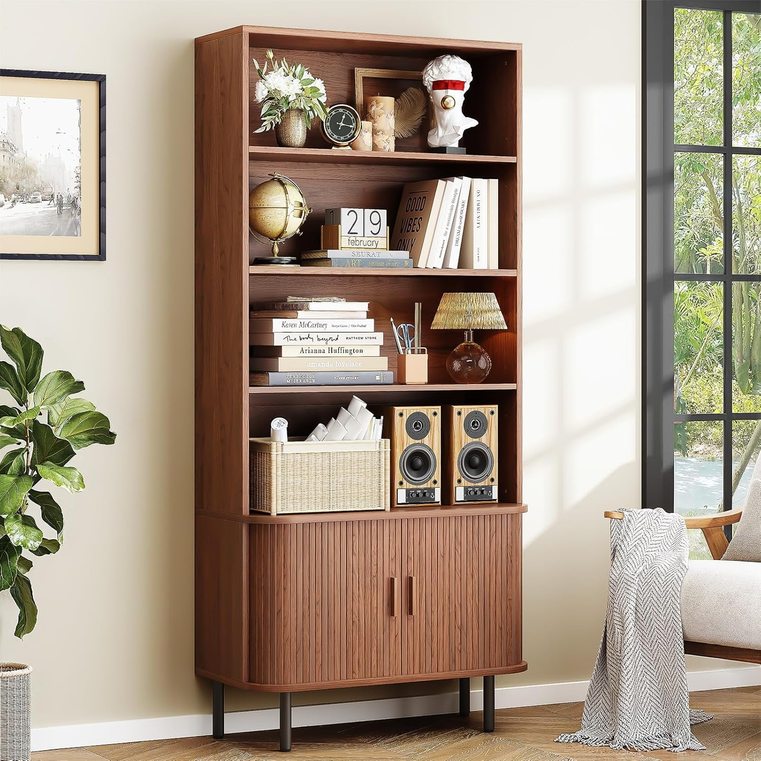 71" Tall Bookshelf, 4-Tier Bookcase with Storage Cabinet & Adjustable ...