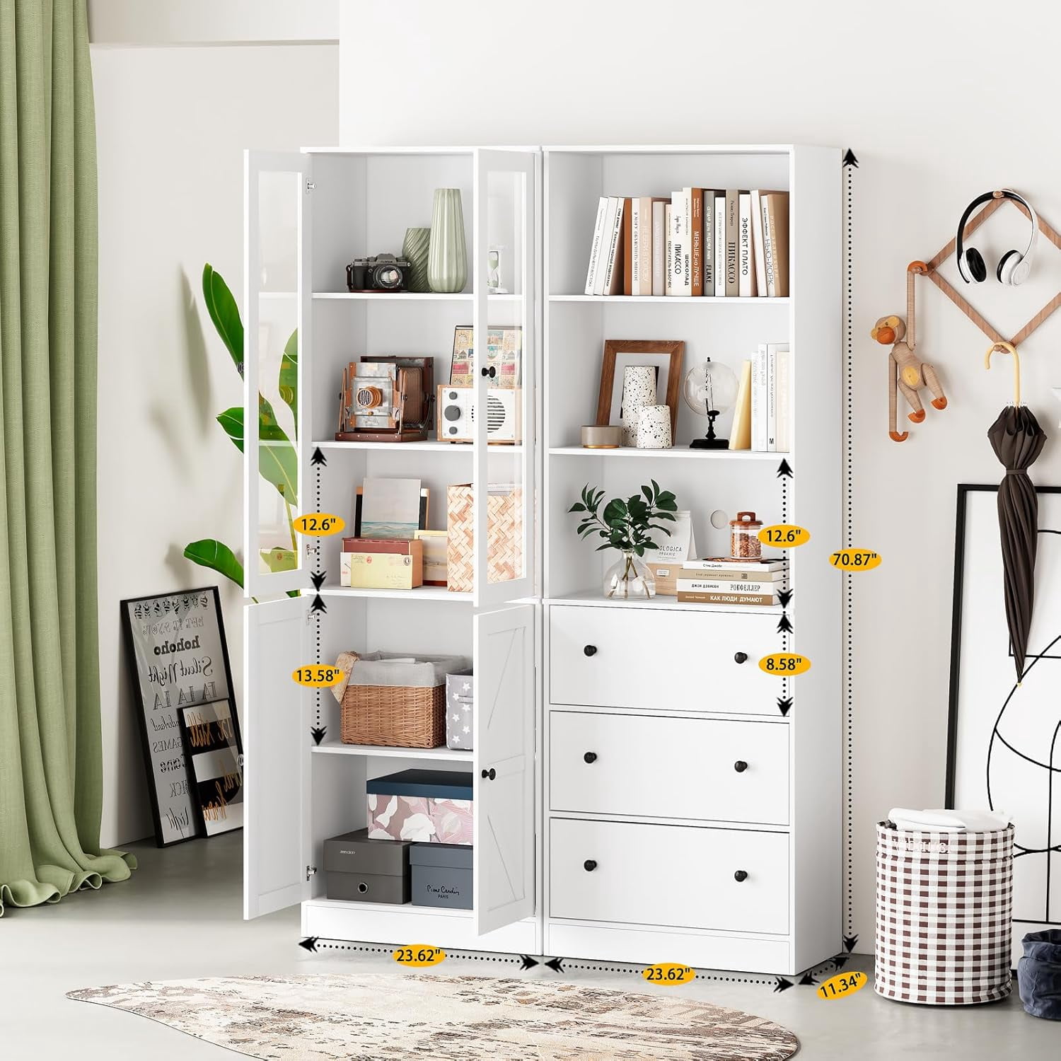 71" Tall Bookshelves Set of 3, Particle Board White Bookcases with ...