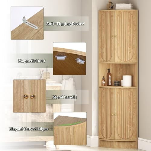 71'' Tall Corner Cabinet, Mid Century Modern Curved Storage Cabinet ...