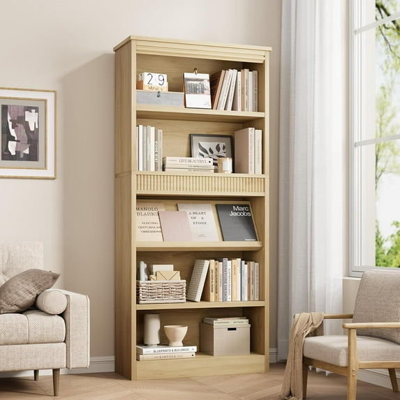 71" Tall Farmhouse Bookcase – 5-Tier Wood Bookshelf with Fluted Design ...