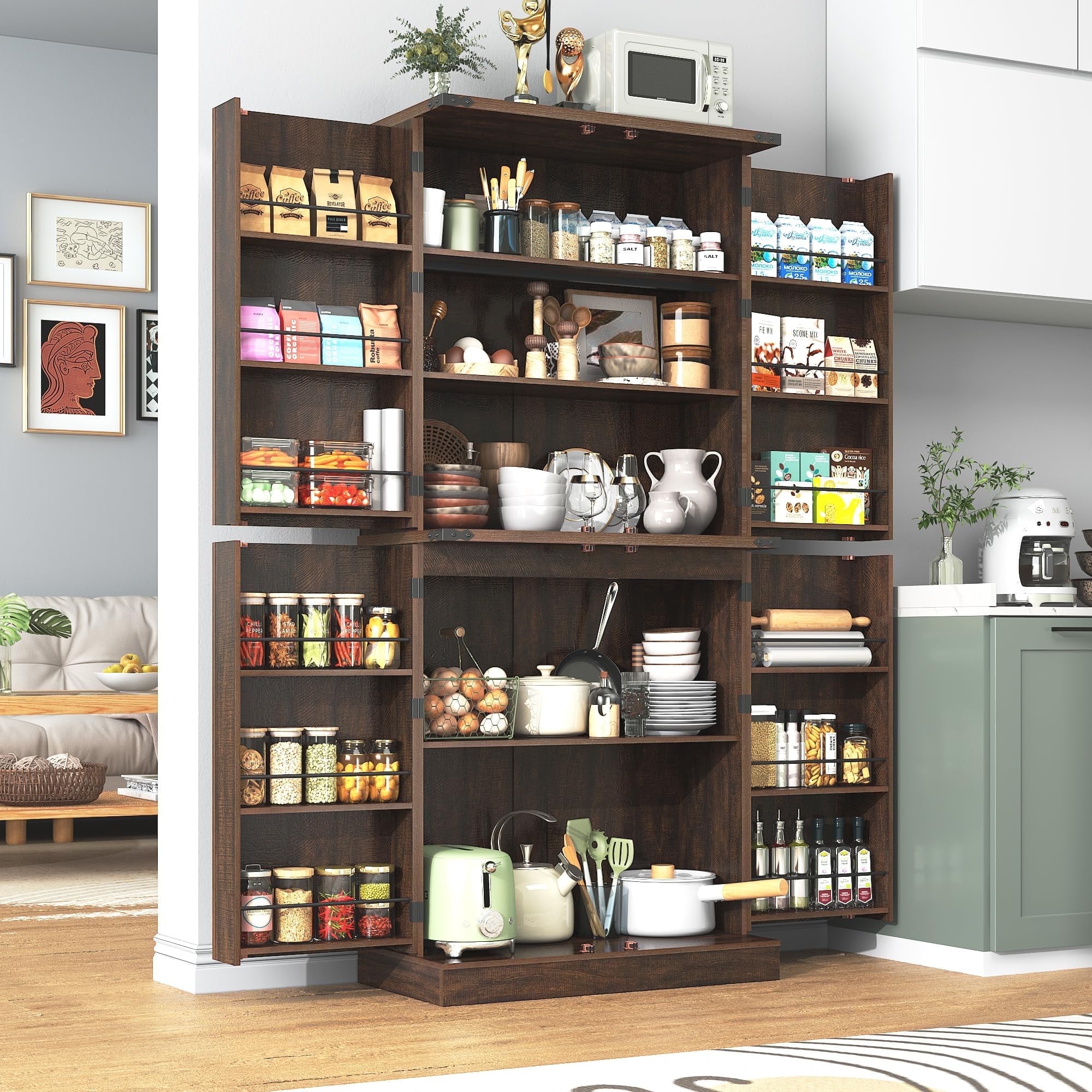 71" Tall Farmhouse Kitchen Pantry with 12 Side Shelves & Adjustable ...